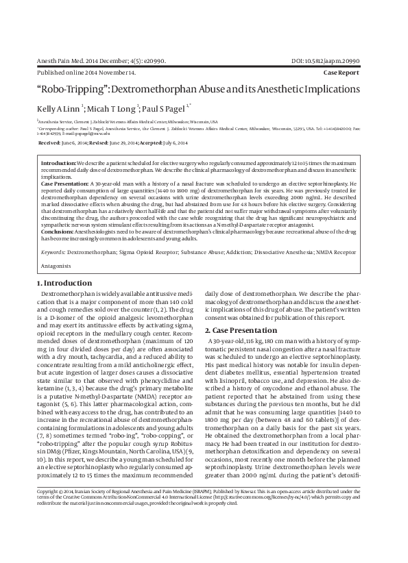 (PDF) “Robo-Tripping”: Dextromethorphan Abuse and its Anesthetic ...