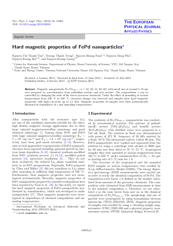 (PDF) Hard magnetic properties of FePd nanoparticles