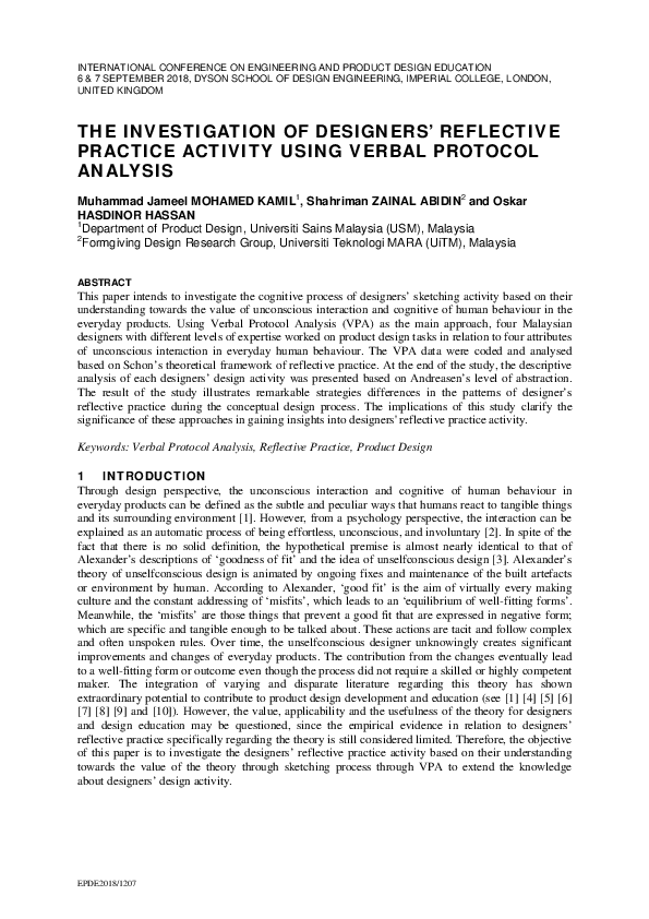 (PDF) The investigation of designers’ reflective practice activity using verbal protocol analysis