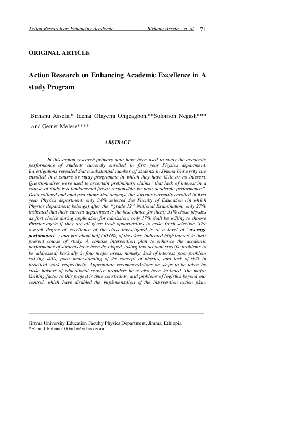 (PDF) Action Research on Enhancing Academic Excellence in A study Program