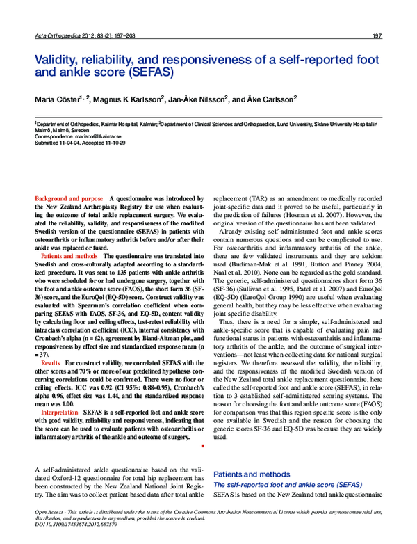 (PDF) Validity, reliability, and responsiveness of a self-reported foot and ankle score (SEFAS)