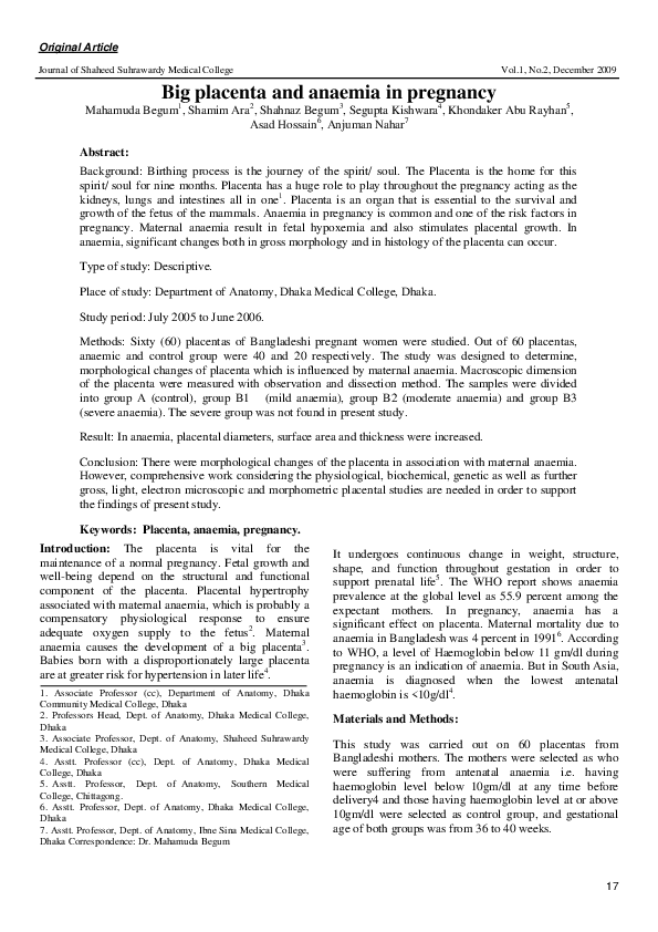 (PDF) Big placenta and anaemia in pregnancy | Asad Hossain - Academia.edu