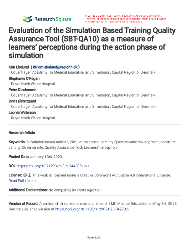 (PDF) Evaluation of the Simulation Based Training Quality Assurance ...