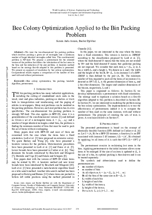(PDF) Bee Colony Optimization Applied To The Bin Packing Problem