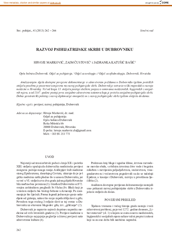 (PDF) Razvoj Psihijatrijske Skrbi U Dubrovniku | Hrvoje Marković - Academia.edu