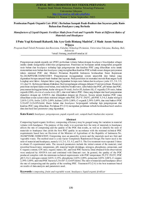 (PDF) Pembuatan Pupuk Organik Cair (POC) Berbahan Sampah Buah-Buahan dan Sayuran pada Rasio ...