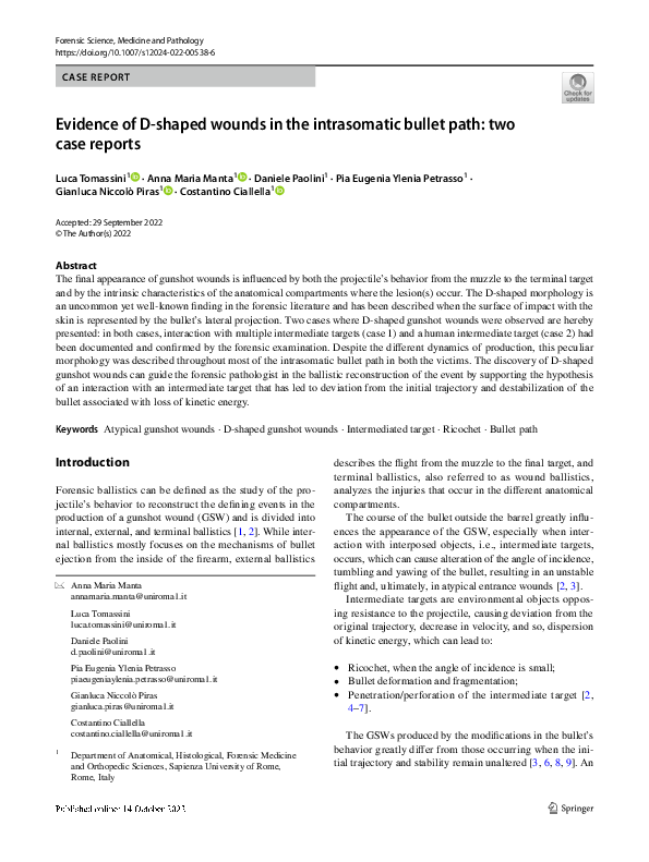 (PDF) Evidence of D-shaped wounds in the intrasomatic bullet path: two ...