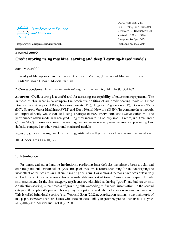 (PDF) Credit scoring using machine learning and deep Learning-Based models