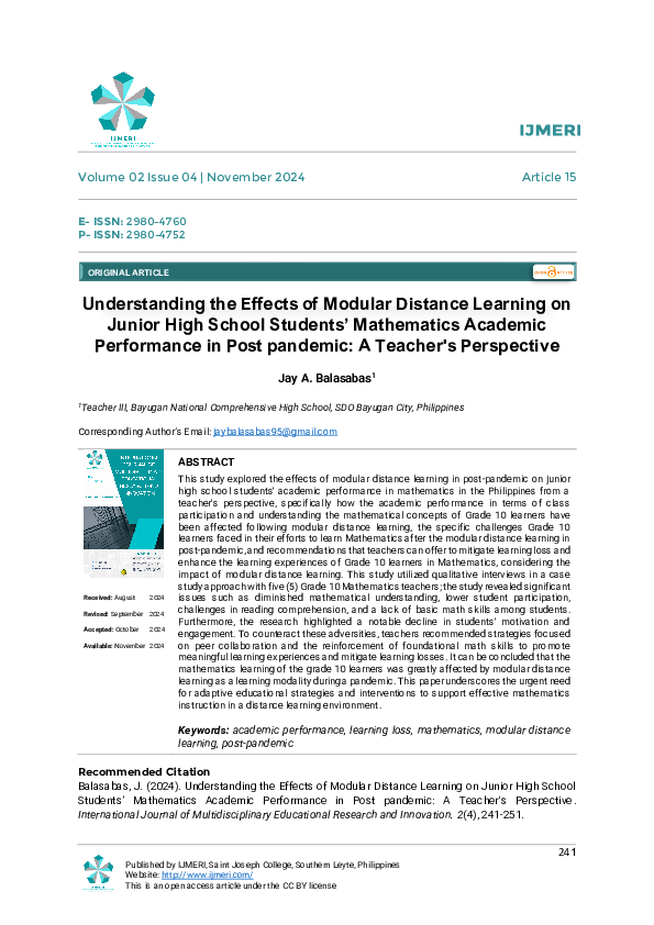 (PDF) Understanding the Effects of Modular Distance Learning on Junior ...