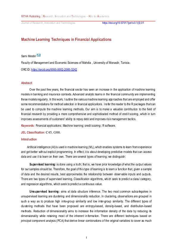 (PDF) Machine Learning Techniques in Financial Applications