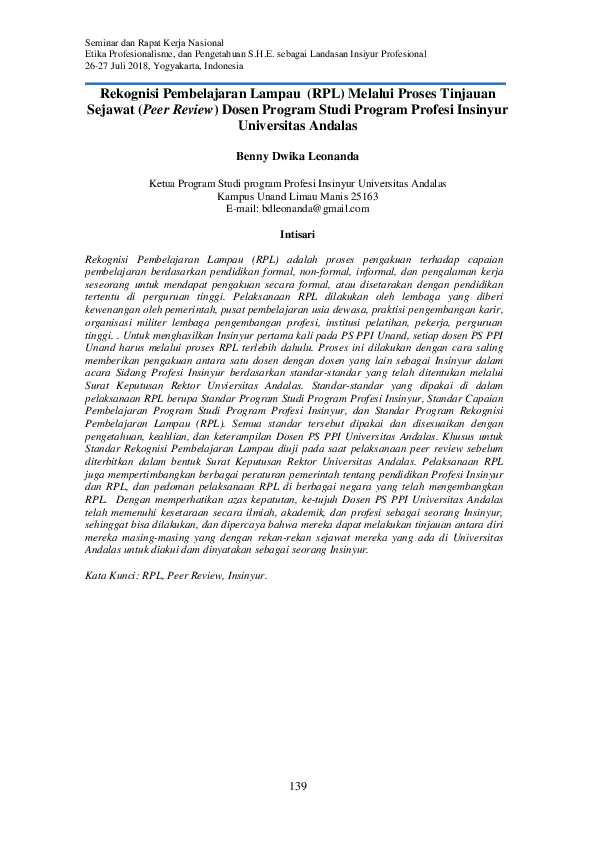 (PDF) Rekognisi Pembelajaran Lampau (RPL) Melalui Proses Tinjauan Sejawat (Peer Review) Dosen ...