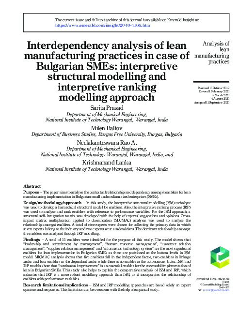 (PDF) Interdependency analysis of lean manufacturing practices in case of Bulgarian SMEs ...