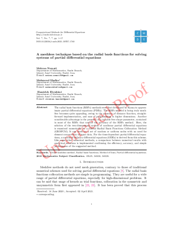 Pdf A Meshless Technique Based On The Radial Basis Functions For Solving Systems Of Partial