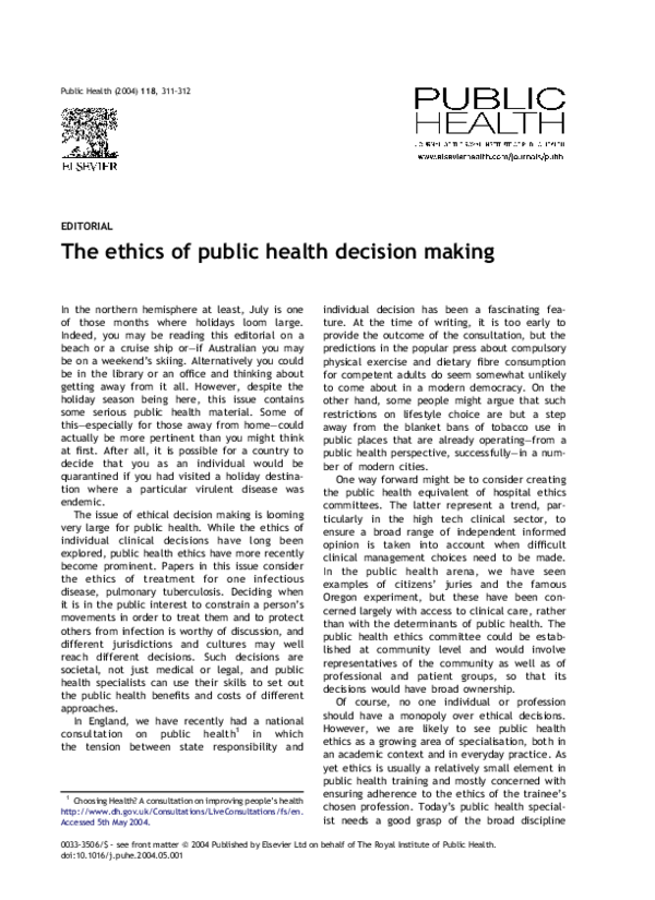 (PDF) The ethics of public health decision making