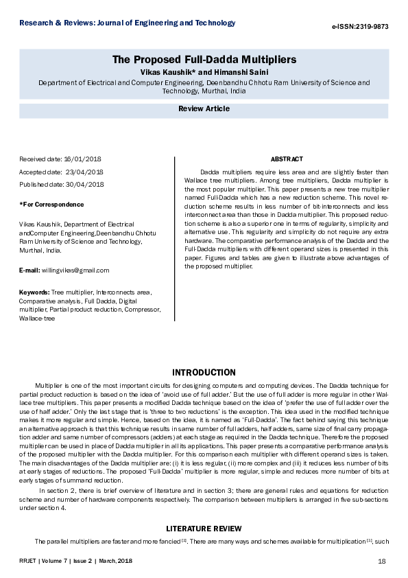 (PDF) The Proposed Full-Dadda Multipliers | vikas kaushik - Academia.edu