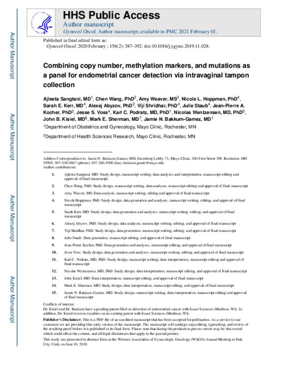 (PDF) Combining copy number, methylation markers, and mutations as a panel for endometrial ...