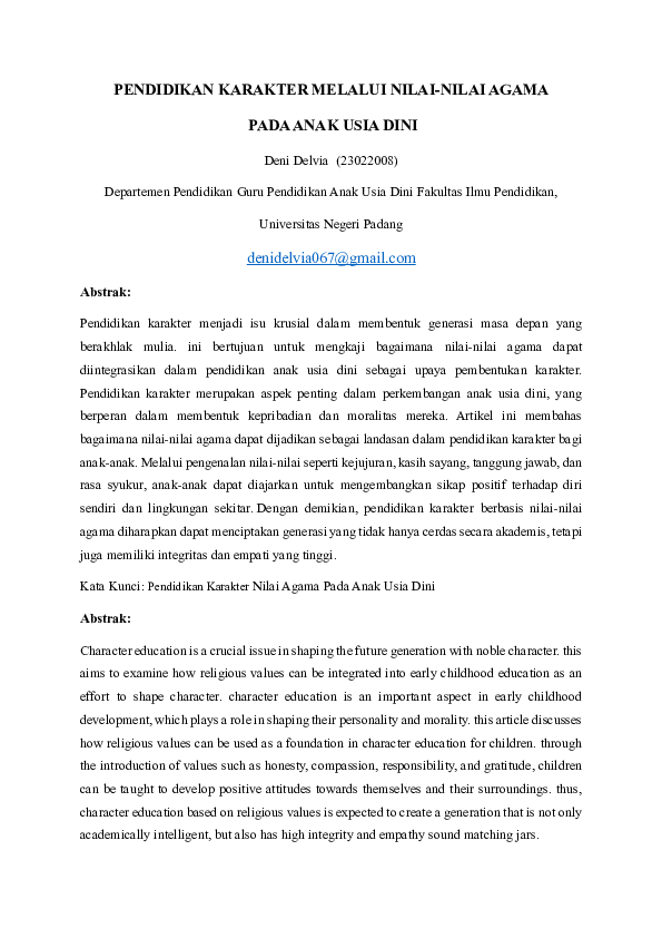 (PDF) PENDIDIKAN KARAKTER MELALUI NILAI-NILAI AGAMA PADA ANAK USIA DINI