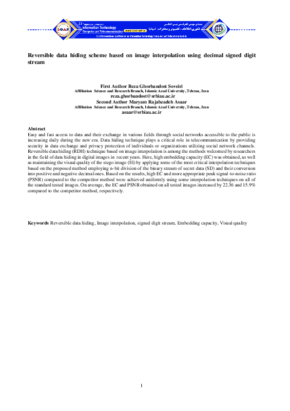 Pdf Reversible Data Hiding Scheme Based On Image Interpolation Using Decimal Signed Digit Stream