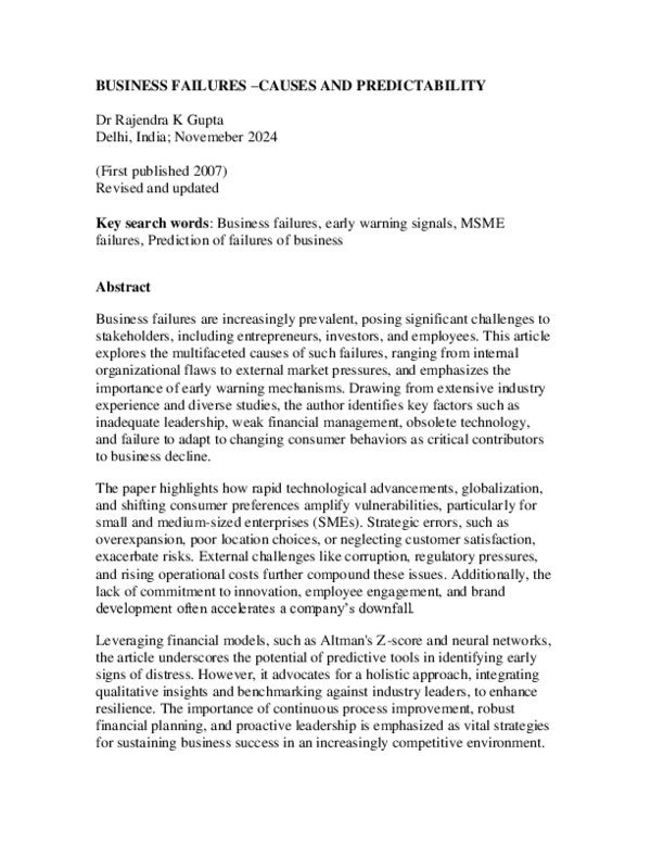 (PDF) BUSINESS FAILURES -CAUSES AND PREDICTABILITY