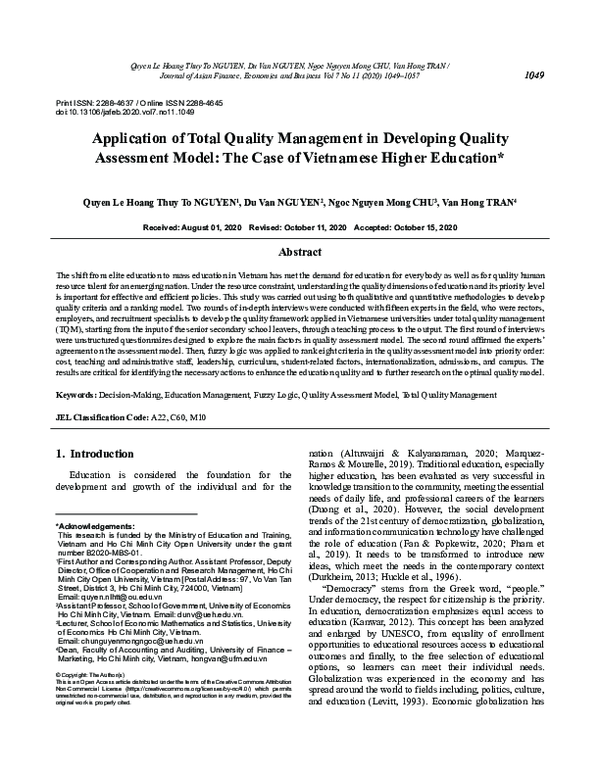 (PDF) Application of Total Quality Management in Developing Quality Assessment Model: The Case ...