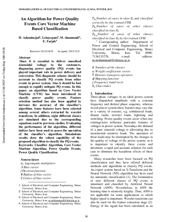 An Algorithm for Power Quality Events Core Vector Machine Based Classification