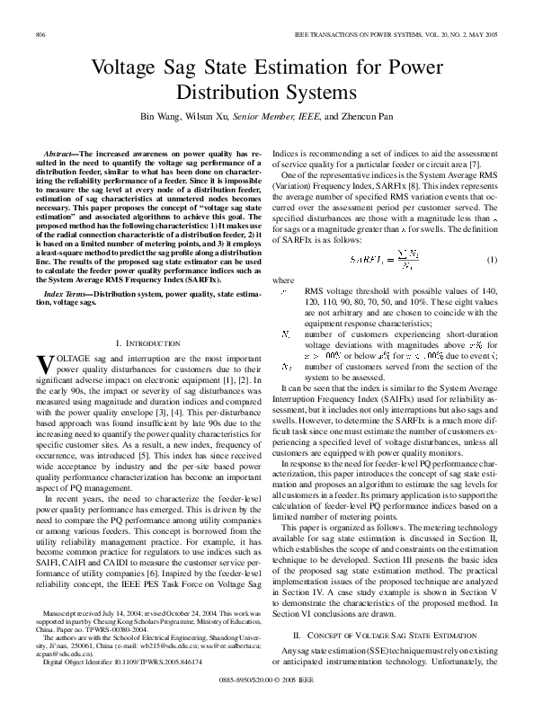(PDF) Voltage Sag State Estimation for Power Distribution Systems
