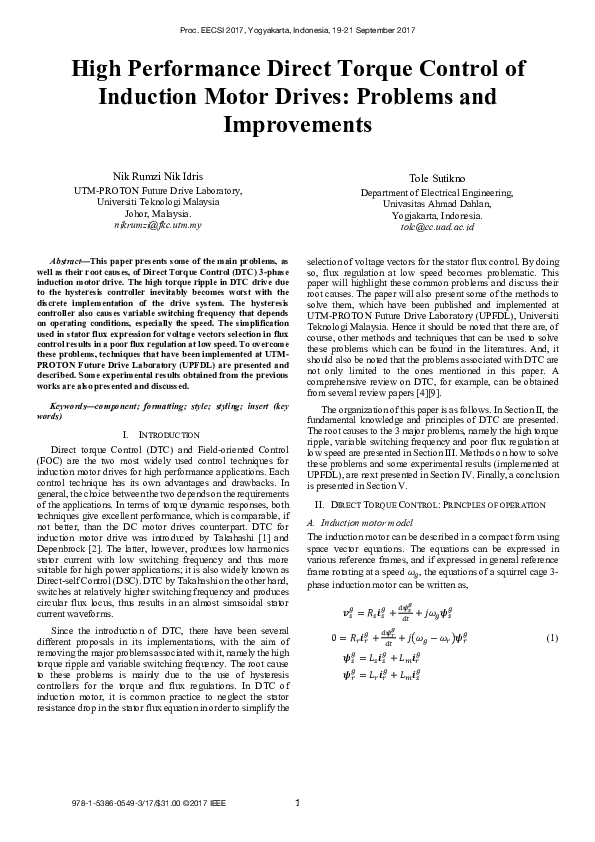Pdf High Performance Direct Torque Control Of Induction Motor Drives 7618