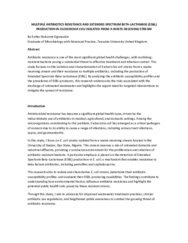(PDF) MULTIPLE ANTIBIOTICS RESISTANCE AND EXTENDED SPECTRUM BETA ...