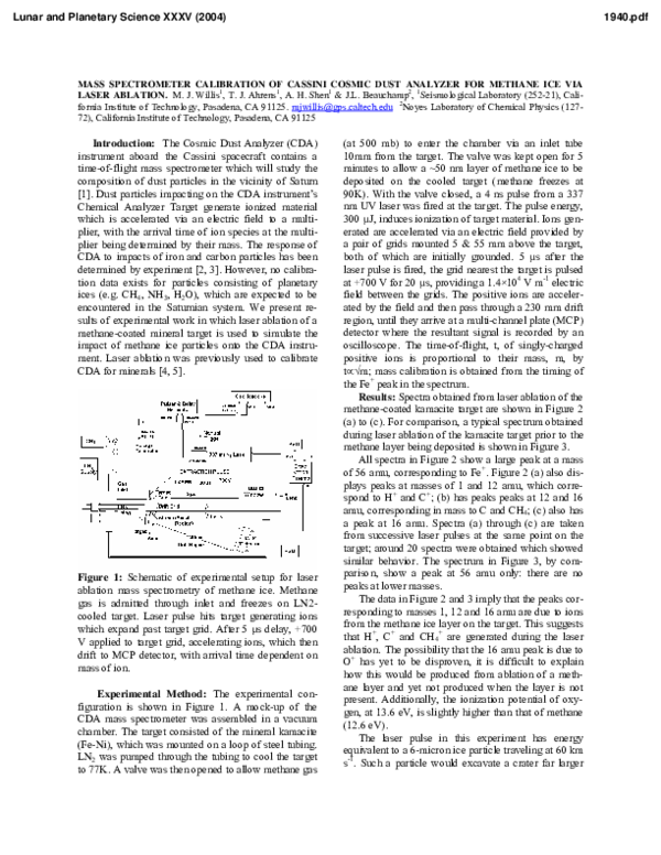 (PDF) Mass Spectrometer Calibration of Cassini Cosmic Dust Analyzer for ...