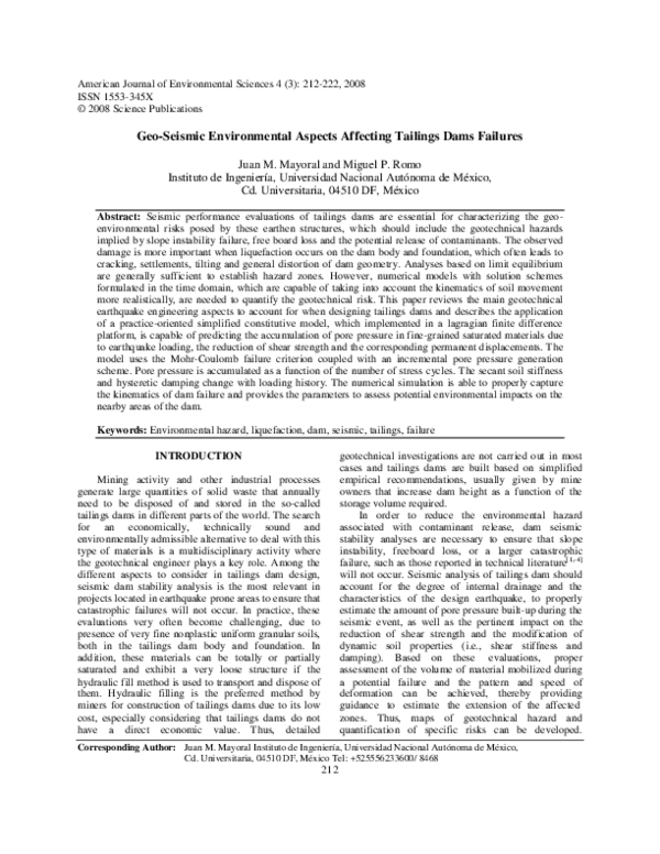 (PDF) Geo-Seismic Environmental Aspects Affecting Tailings Dams Failures