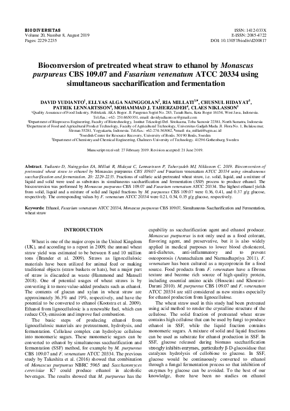 (PDF) Bioconversion of pretreated wheat straw to ethanol by Monascus purpureus CBS 109.07 and ...