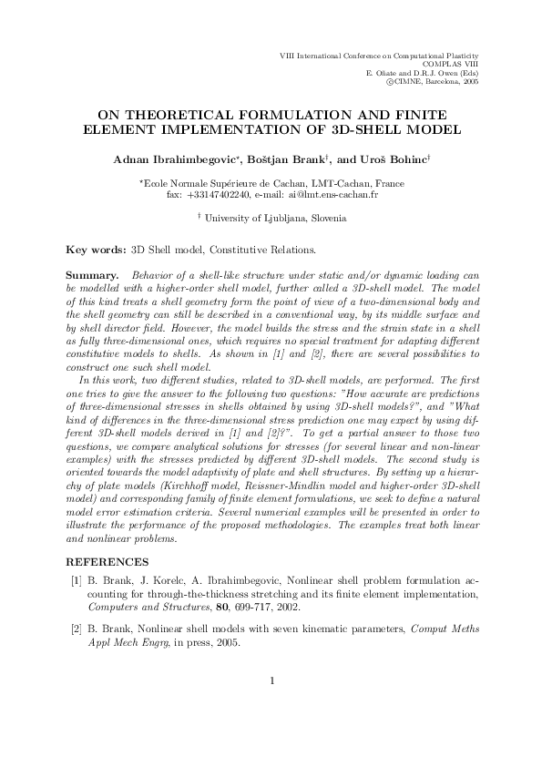 (PDF) On theoretical formulation and finite element implementation of 3D-shell model