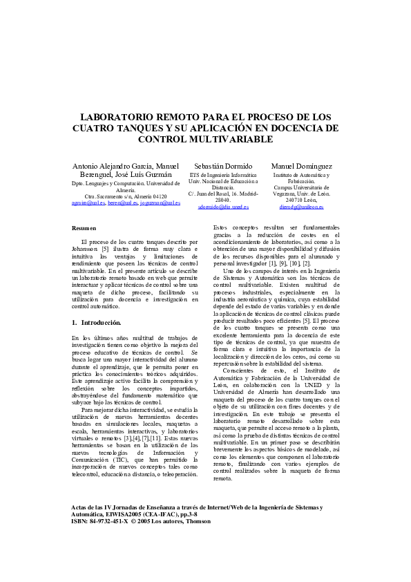 (PDF) Laboratorio remoto para el proceso de los cuatro tanques y su aplicación en docencia de ...