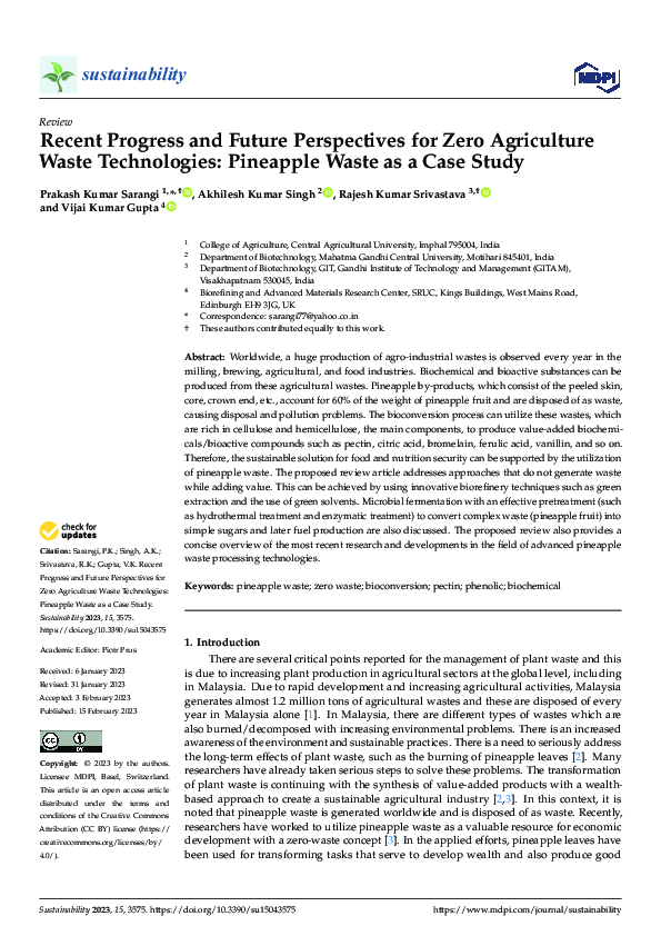 (PDF) Recent Progress and Future Perspectives for Zero Agriculture Waste Technologies: Pineapple ...