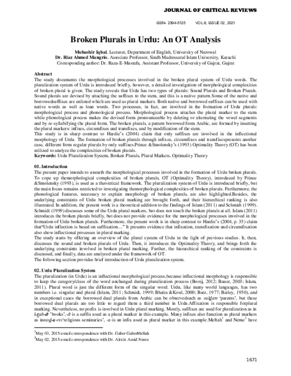 (PDF) Broken Plurals in Urdu: An OT Analysis