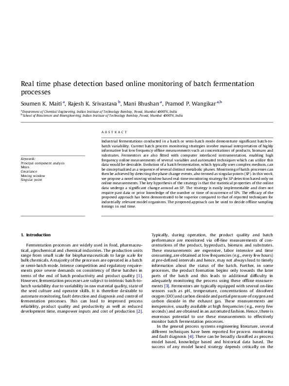 (PDF) Real time phase detection based online monitoring of batch fermentation processes | Rajesh ...
