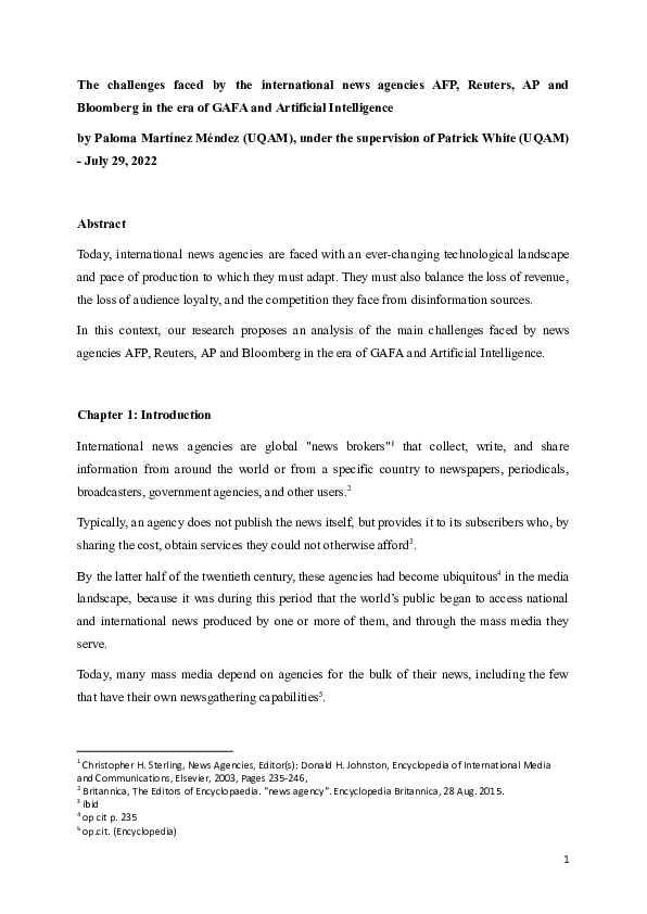 (PDF) The challenges faced by the international news agencies AFP, Reuters, AP and Bloomberg in ...