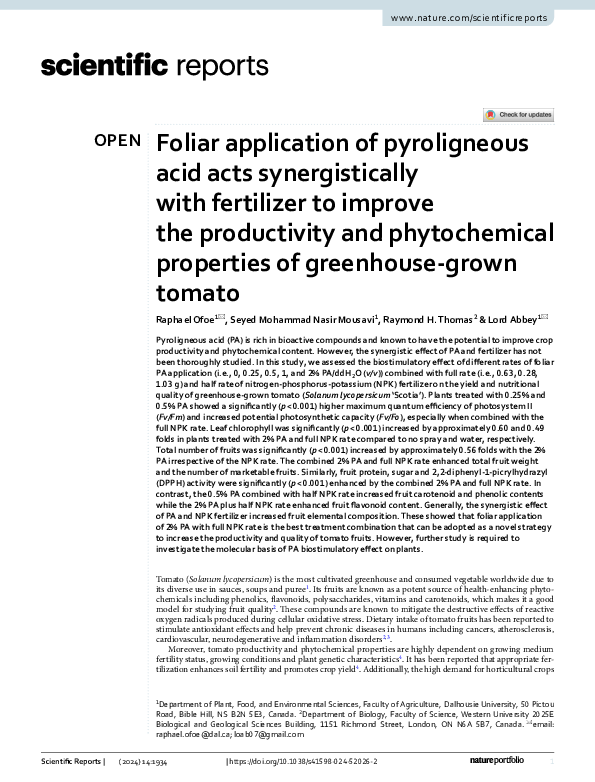 (PDF) Foliar application of pyroligneous acid acts synergistically with fertilizer to improve ...