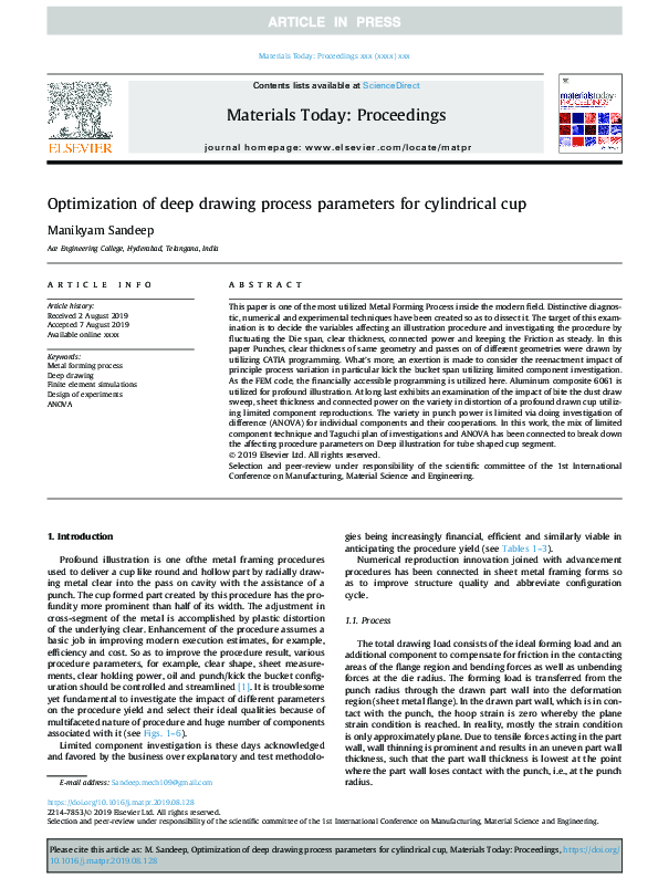 (PDF) Optimization of deep drawing process parameters for cylindrical cup
