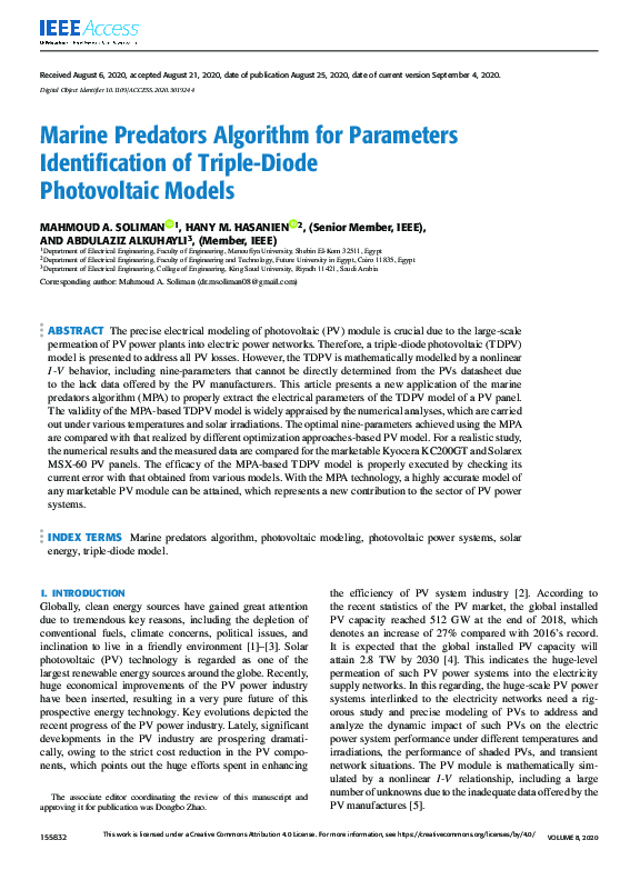 (PDF) Marine Predators Algorithm for Parameters Identification of Triple-Diode Photovoltaic Models