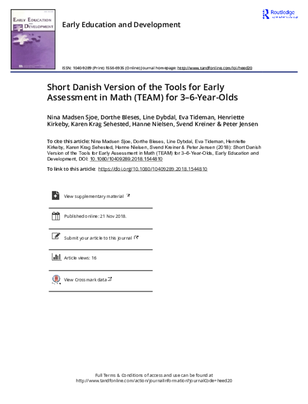 (PDF) Short Danish Version of the Tools for Early Assessment in Math ...
