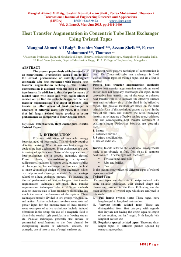 (PDF) Heat Transfer Augmentation in Concentric Tube Heat Exchanger ...