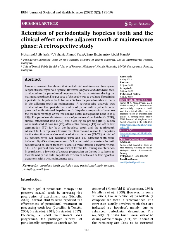 (PDF) Retention of periodontally hopeless tooth and the clinical effect ...
