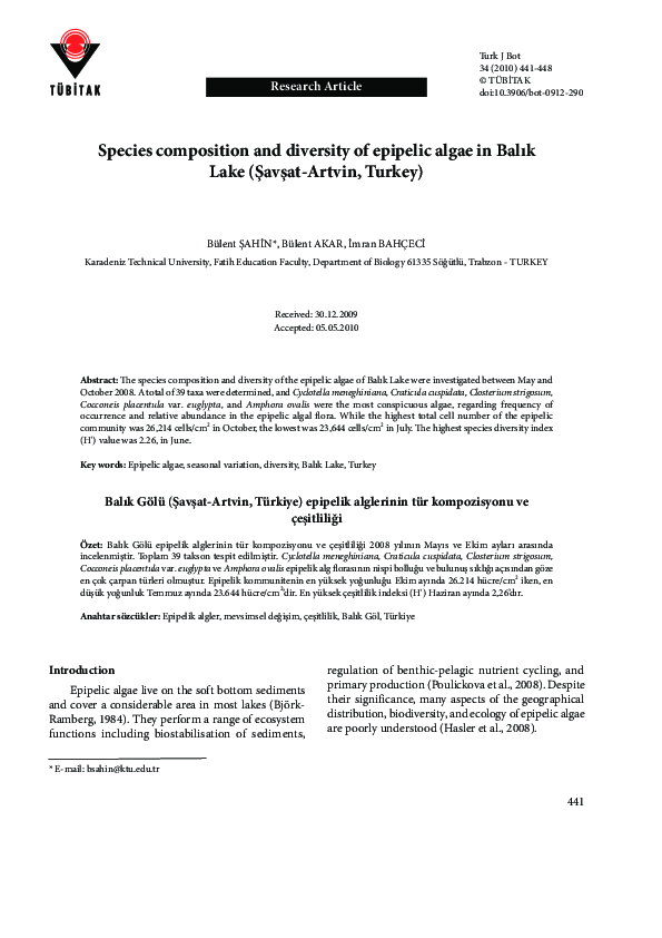 (PDF) Species composition and diversity of epipelic algae in Balık Lake ...