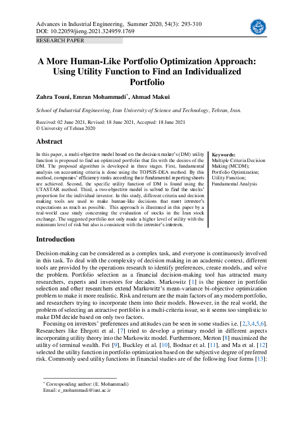 (PDF) A More Human-Like Portfolio Optimization Approach: Using Utility ...