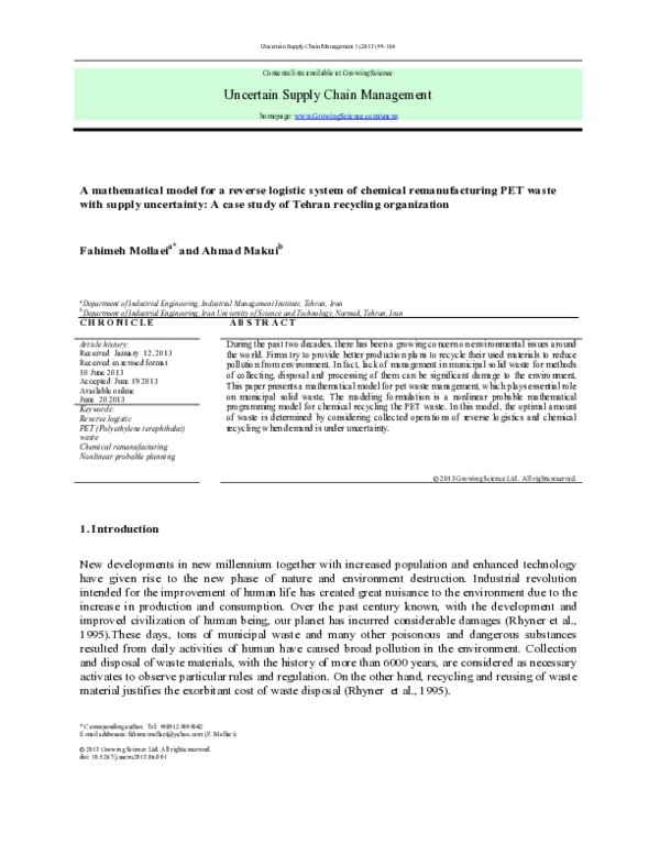 (PDF) A mathematical model for a reverse logistic system of chemical ...