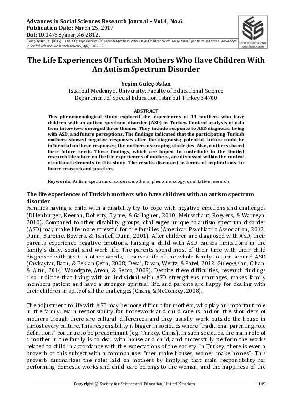 (PDF) The life experiences of Turkish mothers who have children with an ...