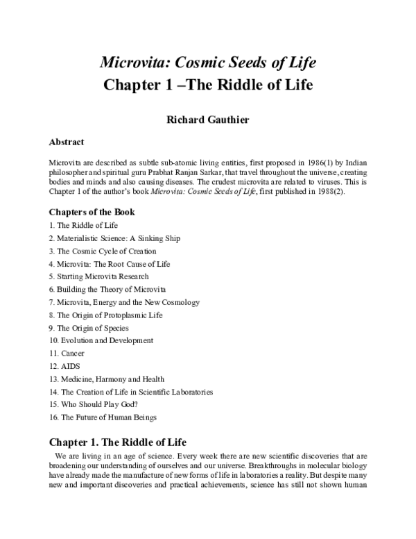 (PDF) Microvita: Cosmic Seeds of Life Chapter 1 -The Riddle of Life