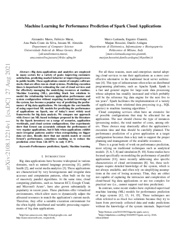 (PDF) Machine Learning for Performance Prediction of Spark Cloud Applications