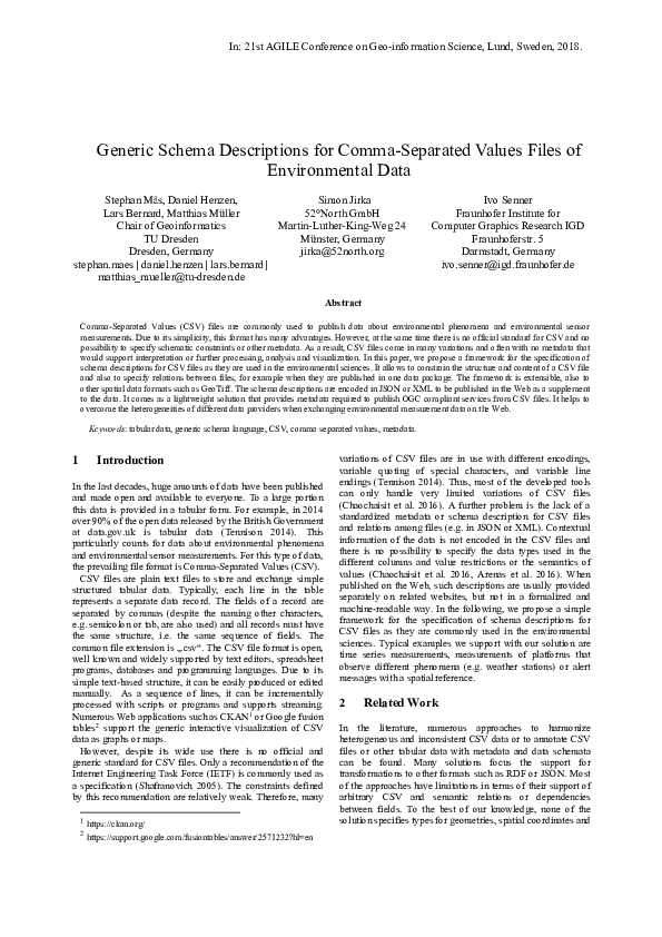 (PDF) Generic Schema Descriptions for Comma-Separated Values Files of Environmental Data